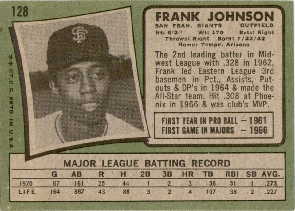 1971 TOPPS FRANK JOHNSON SAN FRANCISCO GIANTS #128 NM | eBay