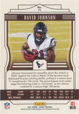 David Johnson 2021 Panini Legacy Football NFL Card #71 Houston Texans ...