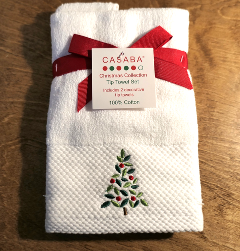 CASABA Set of 2 White Embroidered Christmas Tree Design Hand/Tip Towels ...