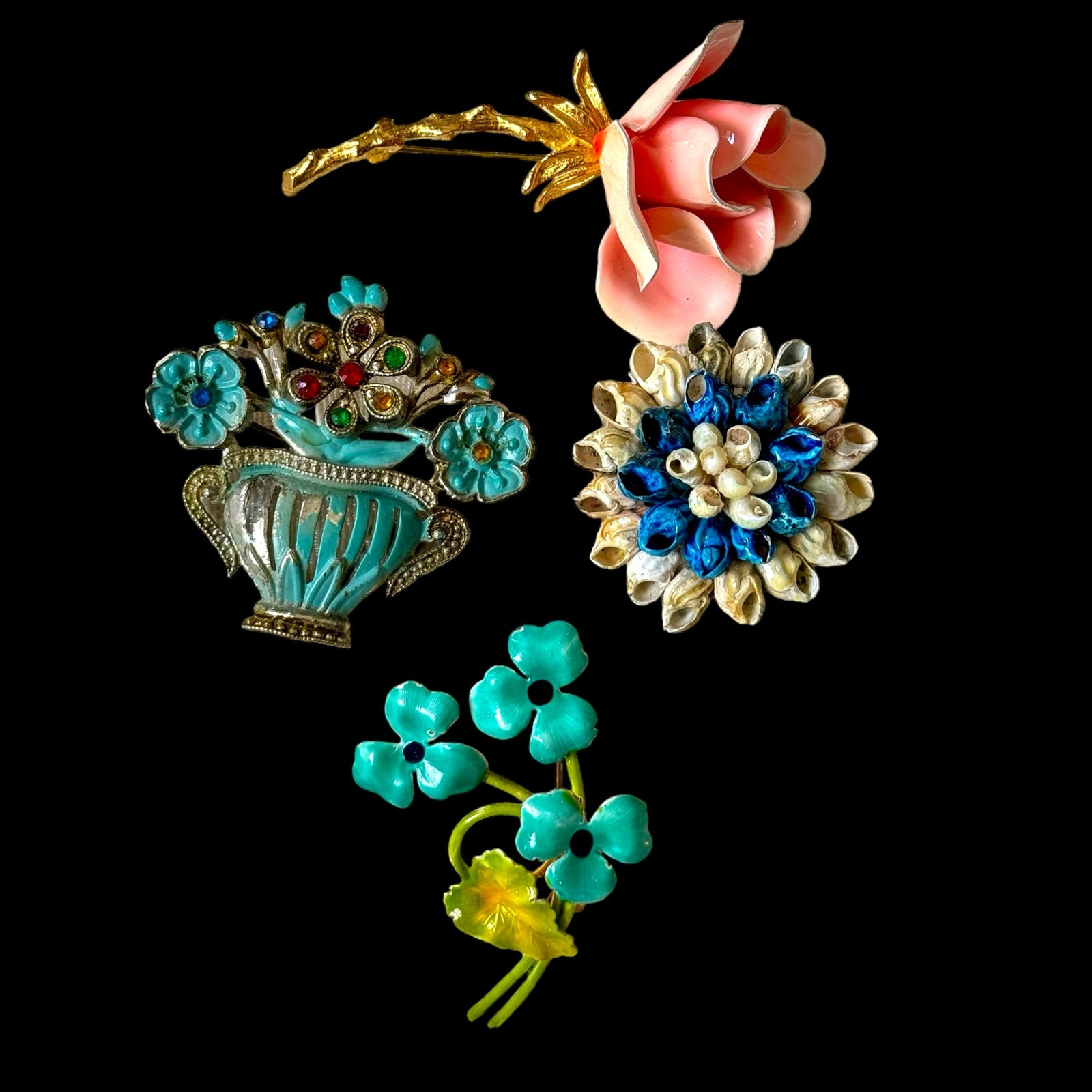 4 Flower Enamel Pin Brooch Estate Lot Shell Rose Bask… - Gem