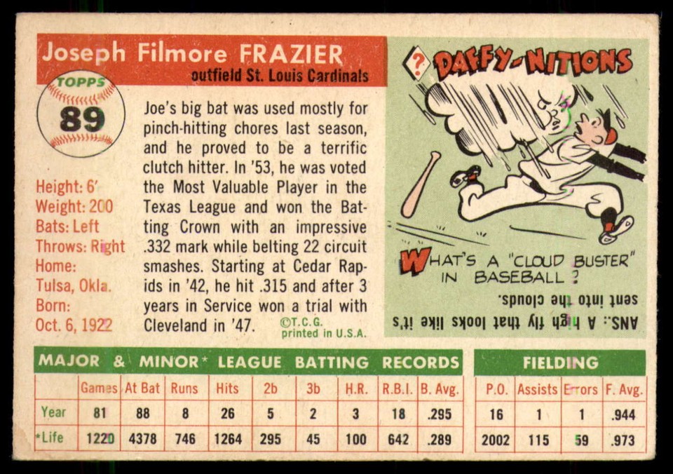 1955 Topps #89 Joe Frazier EX RC Rookie Cardinals ID:56775 | eBay