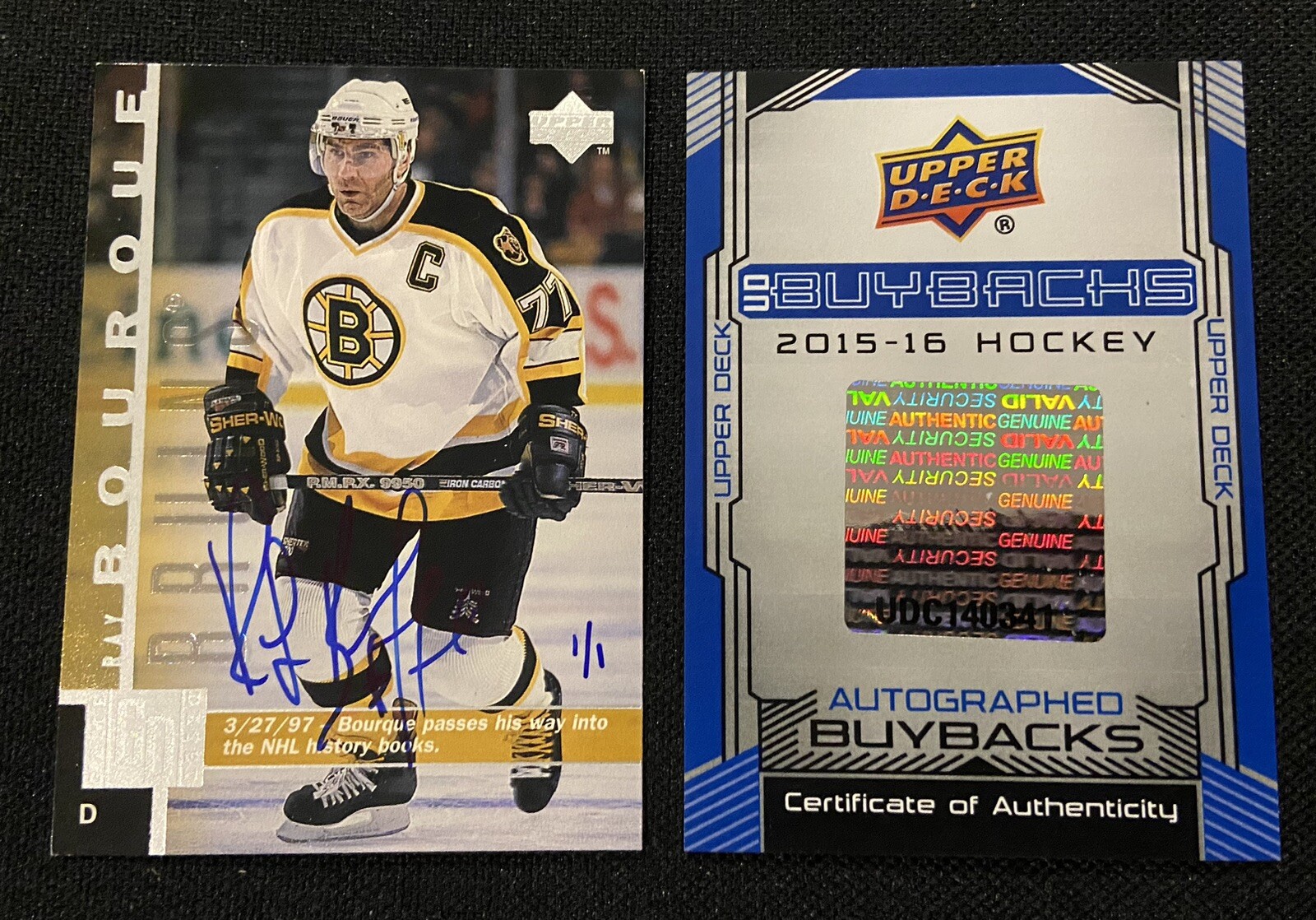 20-5-16 UD Buyback RAY BOURQUE AUTO 1/1 1997-98 Upper Deck Autograph SP ...