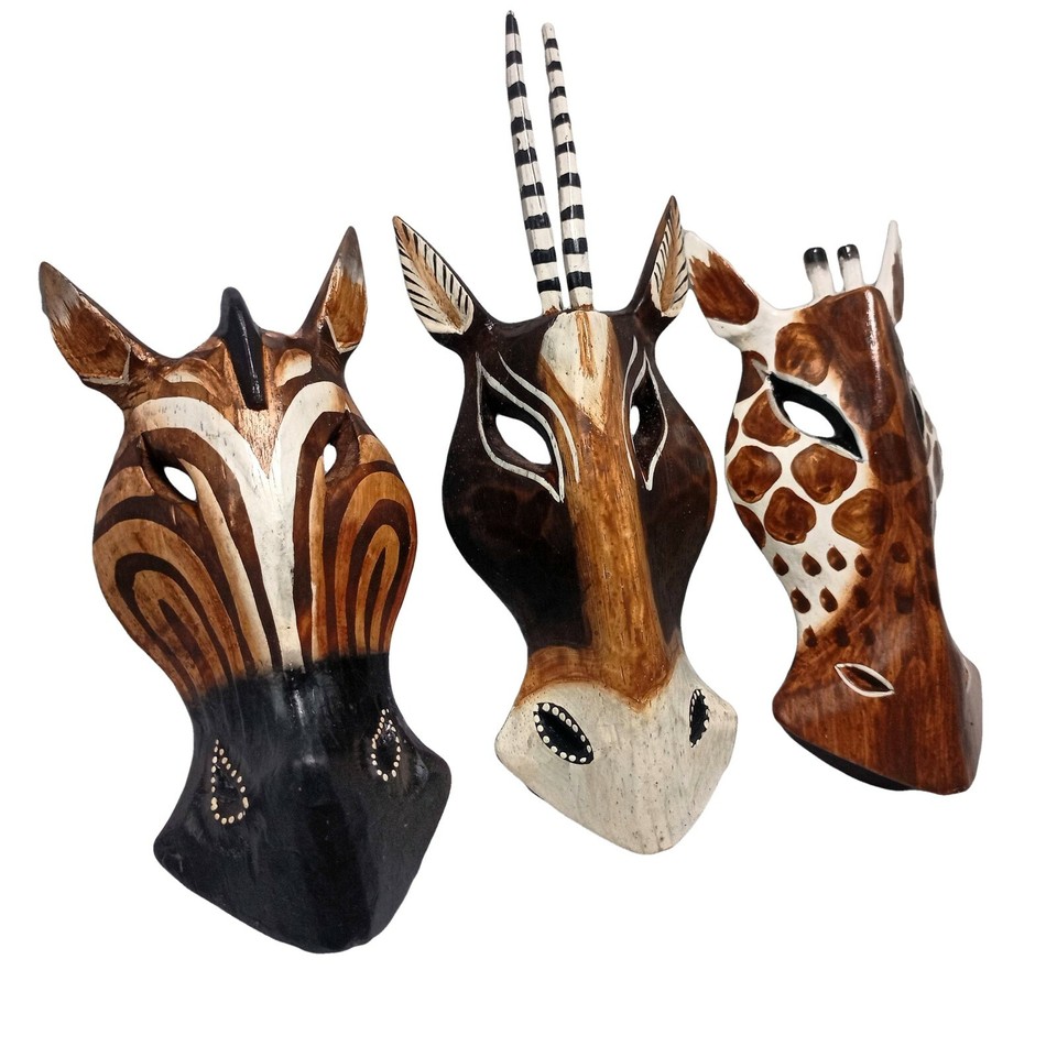 Safari Animal Wood Mask Brown Giraffe Horse Antelope Carving Wall ...