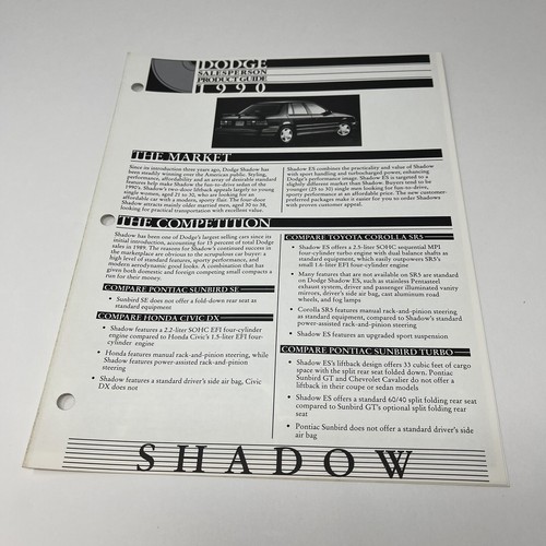 1990 Dodge Shadow Dealer Salesperson Product Guide Sales Chrysler MOPAR ...
