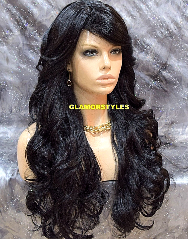 FULL WIG LONG WAVY LAYERED SIDE BANGS SKIN SIDE PART OFF BLACK #1B HEAT ...