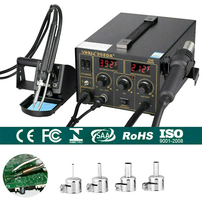 3in1 Soldering Iron Rework Station SMD 968D+ Hot Air Gun Solder w/ 4 ...