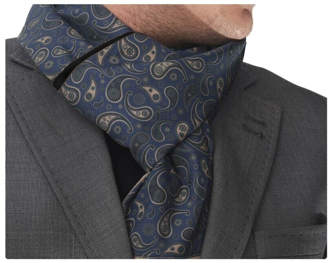 Mens Double Side Scarf Silk Wool Blend Dark Blue with Beige Paisley ...