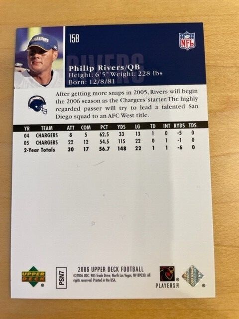 2006 Upper Deck Philip Rivers Base Card #158 Chargers MINT & FREE ...