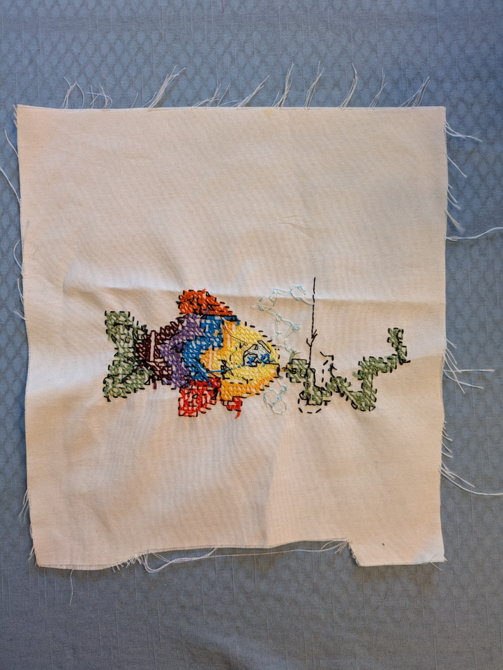 Embroidered Cross Stitch Cute Fish & Worm on Hook Colorful Completed | eBay