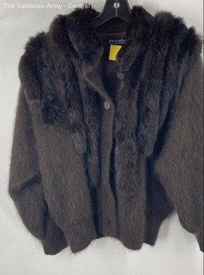 Venesha Womens Brown High Quality Angora Fur Trim Button Front Jacket ...