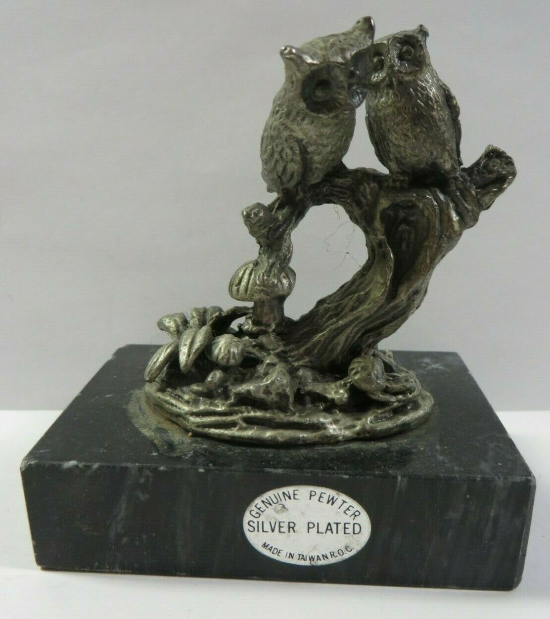 Vintage Pewter OWLS IN TREE BRANCH Figurine Silver Plated Stone Base 3. ...