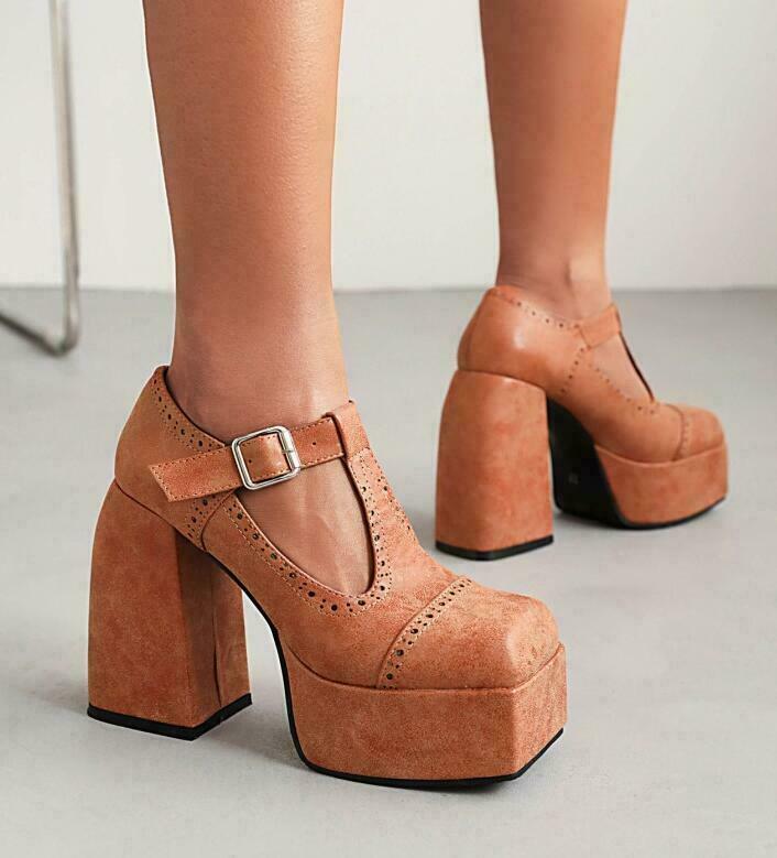 Women Retro Brogue T-Shaped Buckle Block Heels Classic Square Toe ...