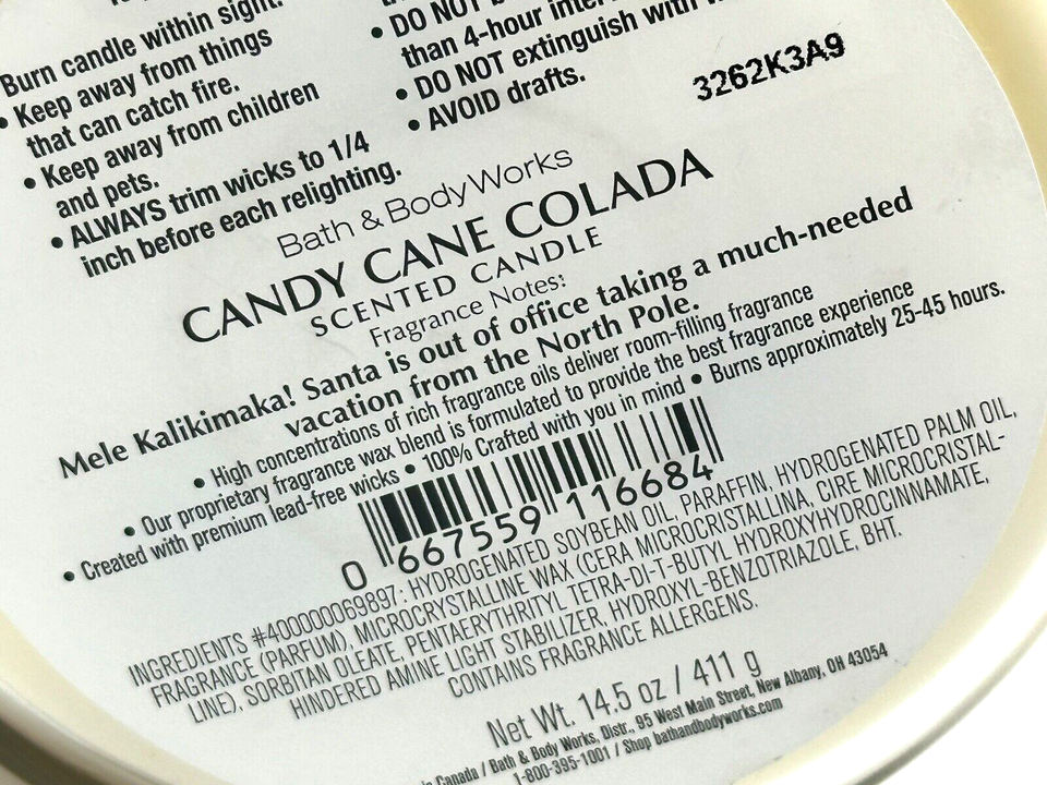 NEW 1 BATH & BODY WORKS CANDY CANE COLADA LARGE SCENTED 3-WICK 14.5 OZ ...
