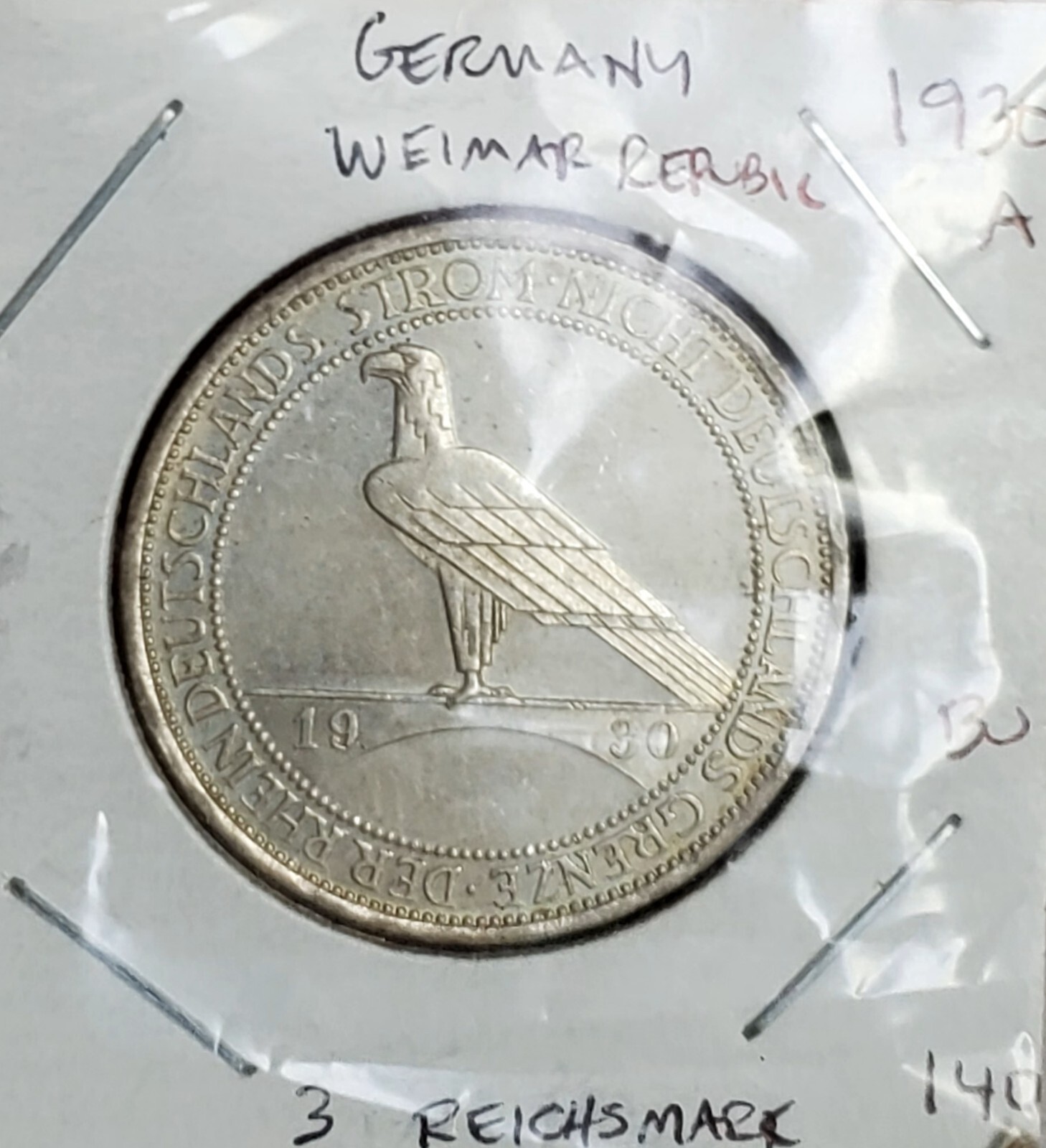 1930 A Germany 3 Reichsmark Silver Coin Weimer Liberation of Rhineland ...