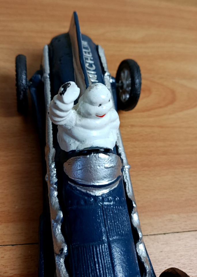 Vintage Cast Iron MICHELIN MAN Blue Racing Car 10" Inches Long ...