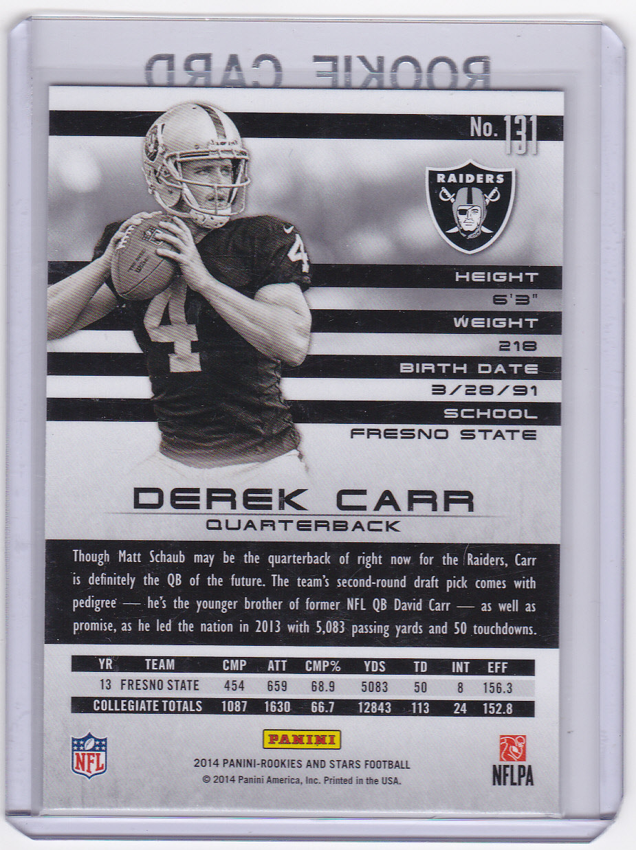 DEREK CARR ROOKIE CARD 2014 Panini Rookies & Stars Longevity Oakland ...