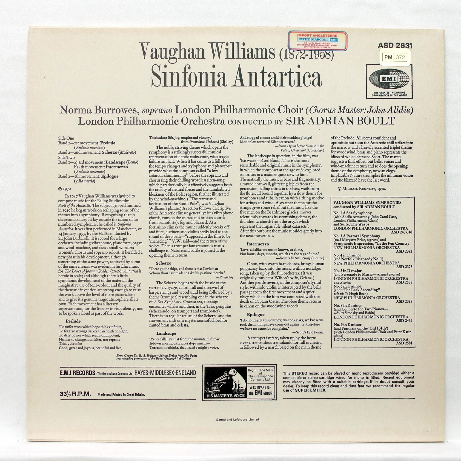 ASD 2631 SIR ADRIAN BOULT – VAUGHAN WILLIAMS sinfonia antartica EMI LP ...