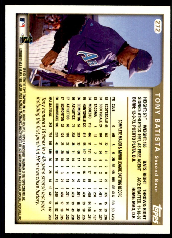 1999 Topps Baseball Card Tony Batista Arizona Diamondbacks #272 | eBay