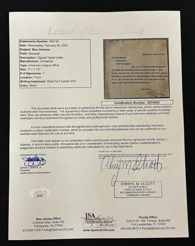 Ban Johnson Signed August 12th, 1902 Typed Letter - JSA Certified LOA ...