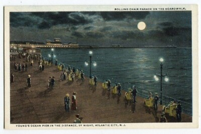 Atlantic City NJ Rolling Chair Parade on Boardwalk Postcard at Night ...