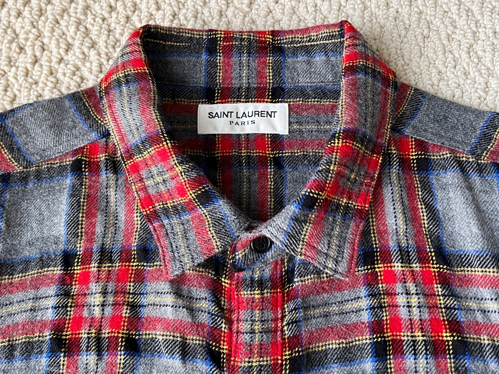 New Saint Laurent YSL Gray Red Check Print Western Crop Flannel Shirt ...