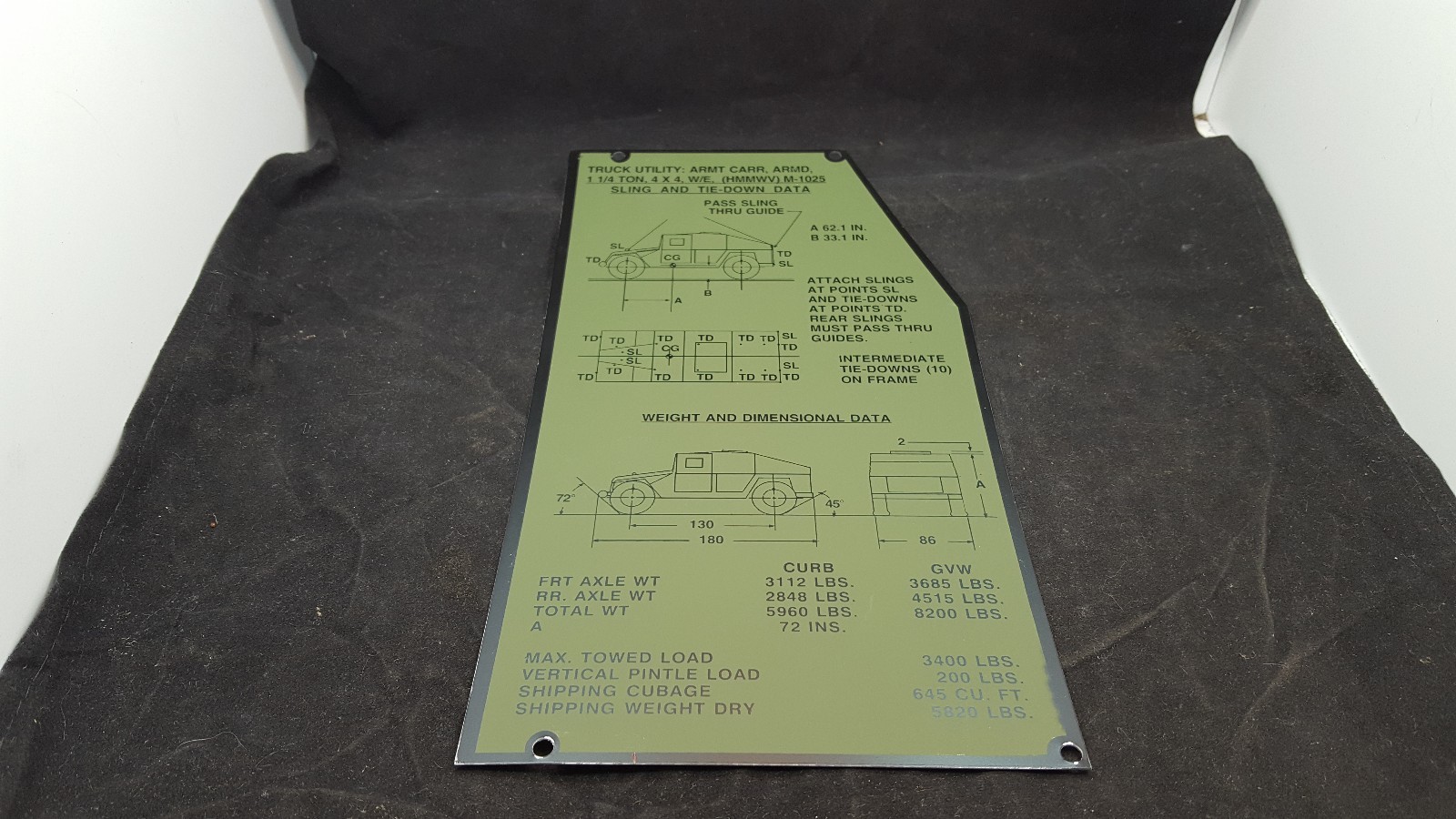 M1025 DATA PLATE HMMWV HUMVEE 12340321 9905-01-248-9543 CP5B11L | eBay