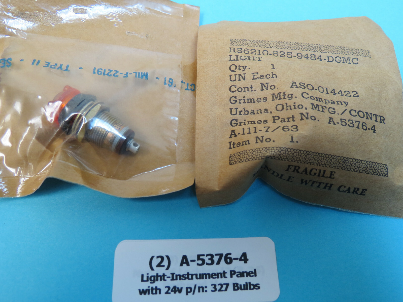 (2) Grimes Aircraft Instrument Panel Light A-5376-4 with 327 24v Bulb ...