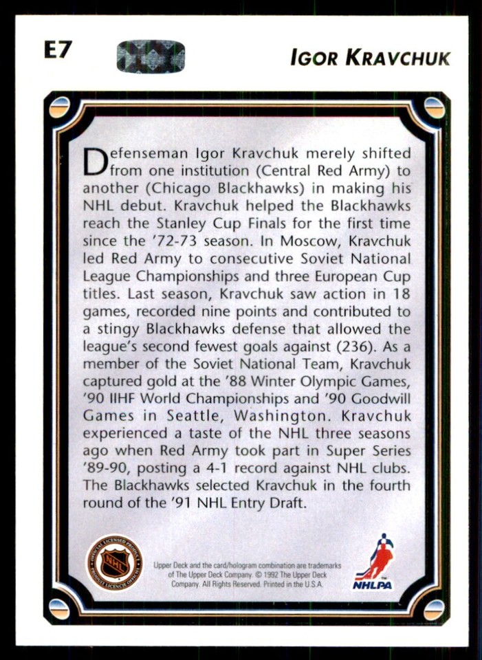 1992-93 Upper Deck Euro Stars Igor Kravchuk Chicago Blackhawks #E7 | eBay