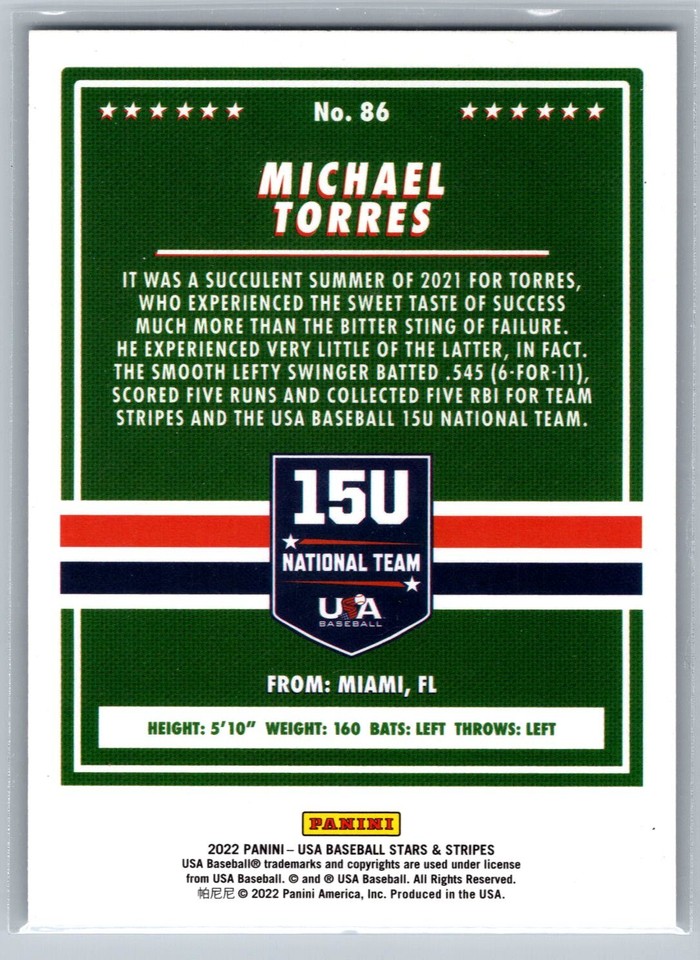 2022 Panini USA Baseball Stars & Stripes #86 Michael Torres USA 15U ...