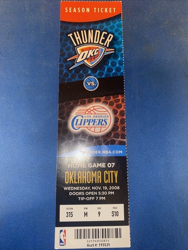 OKC thunder vs LA Clippers November 19, 2008 ticket stub | eBay