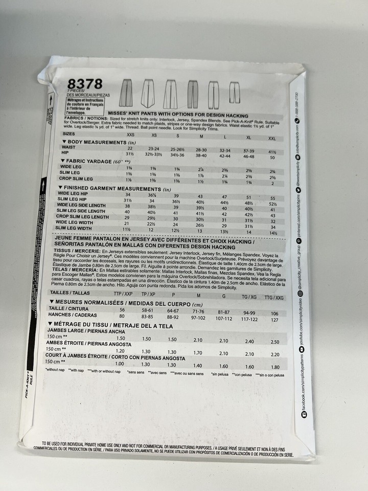 Simplicity Sewing 8378 Misses Knit Pants w/ Design Pattern Hacking Size ...