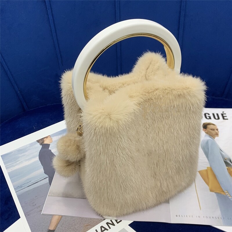Womens Luxury Real Mink Fur Handbag Bucket Bag Purse Party Bag Tote ...