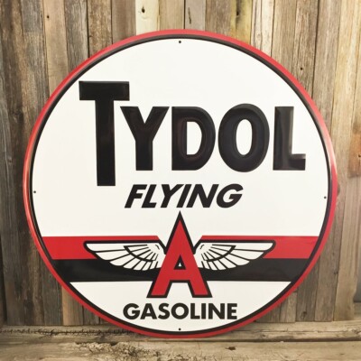 Tydol Flying A Gas Motor Oil Round Embossed Metal Large Tin Sign 24 ...