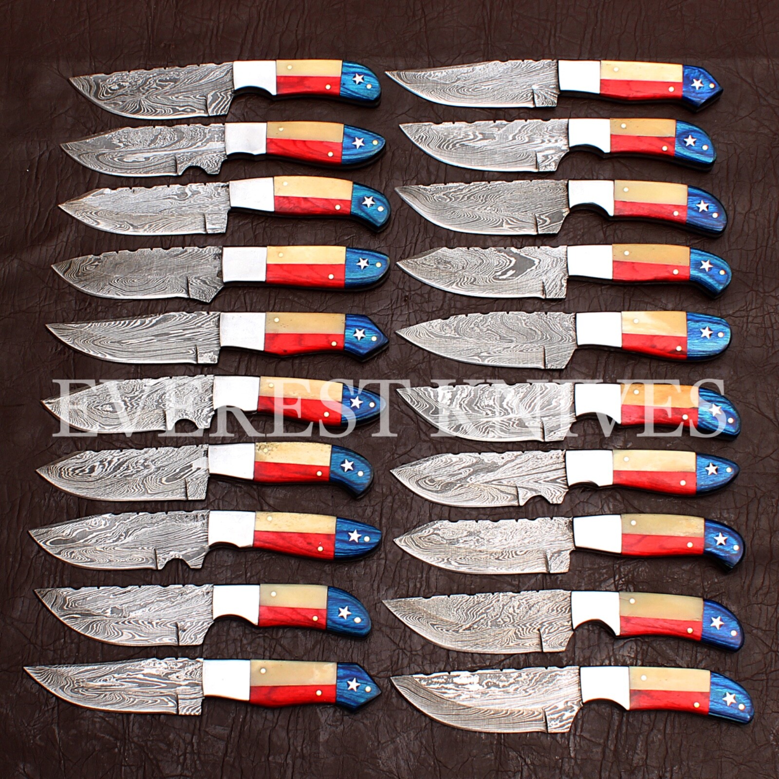 LOT OF 20 CUSTOM HANDMADE DAMASCUS STEEL MIX HUNTING TEXAS FLAG SKINNER ...