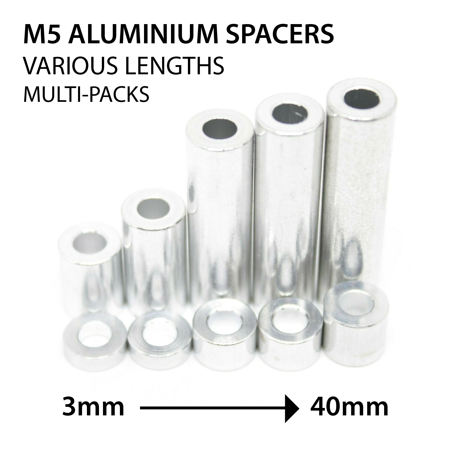 M5 5mm Aluminium Spacers Standoffs 10mm OD 3mm to 40mm Length | eBay UK