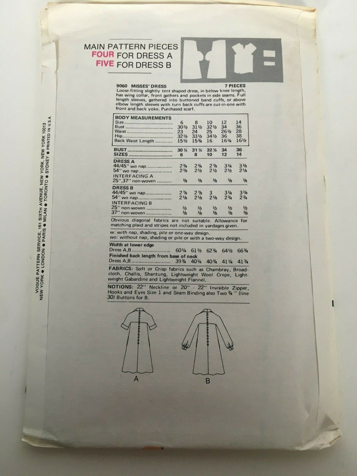 Very Easy Vogue Sewing Pattern 9060 Vintage 1970s Dress Long Sleeves ...