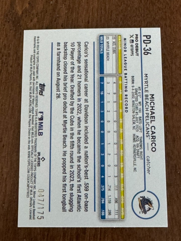 2024 Topps Pro Debut Michael Carico SPARKLE FOIL /175 Myrtle Beach ...