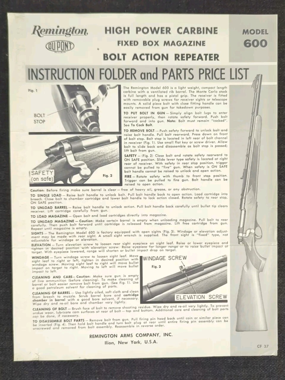 Remington High Power Carbine Model 600 Instructions Folder Price Parts ...