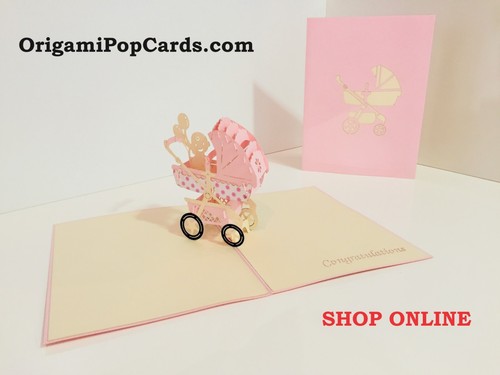 ORIGAMI POP CARDS Baby Carriage Pram in Pink 3D Pop Up Card Happy Baby ...