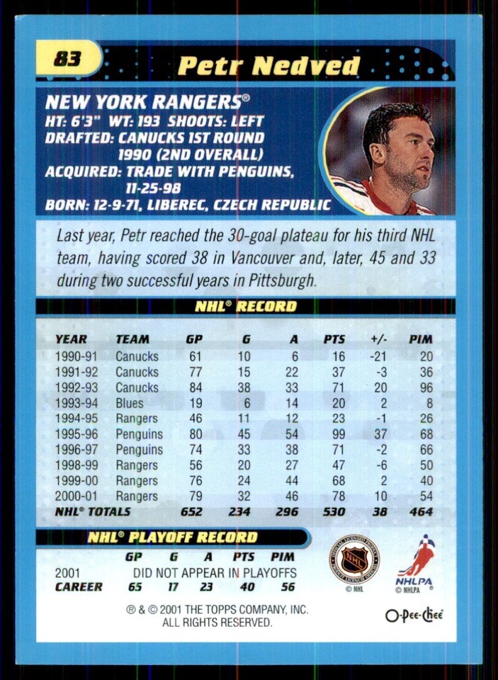 2001-02 O-Pee-Chee Petr Nedved New York Rangers #83 | eBay