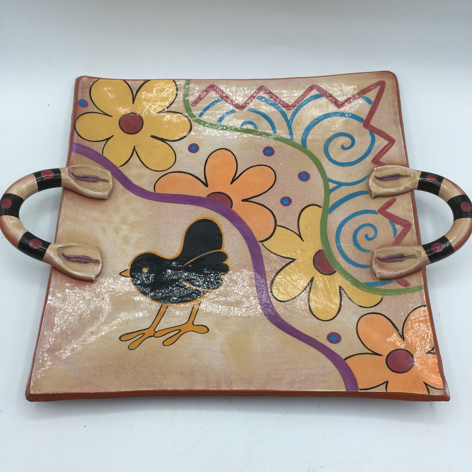 vtg studio Folk Art pottery serving tray 2 handles bird floral signed ...