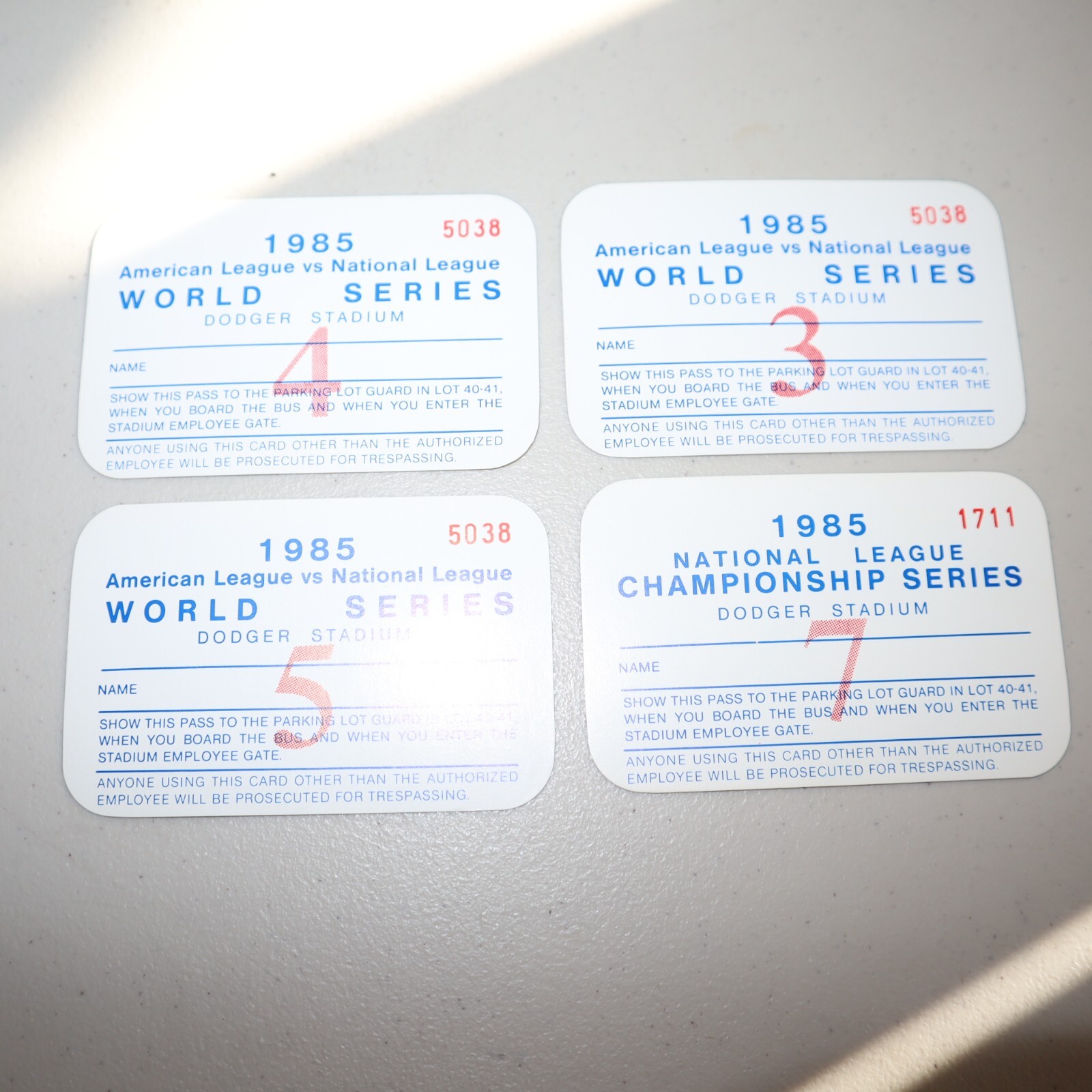 SET OF 4 1985 WORLD SERIES EMPLOYEE PASSES - DODGER STADIUM | eBay