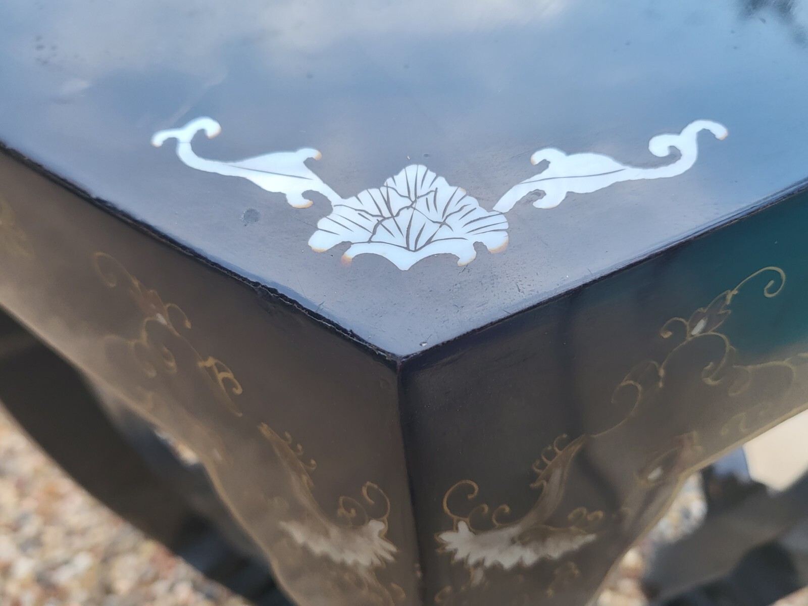 Vtg Chinoiserie Black Lacquer MOP Shell Inlay Oriental Drum Stool ...