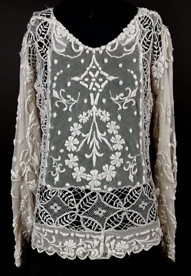 FANCIFUL EDWARDIAN COUCHED HAND EMBROIDERED WHITE NET BLOUSE W FLORALS ...