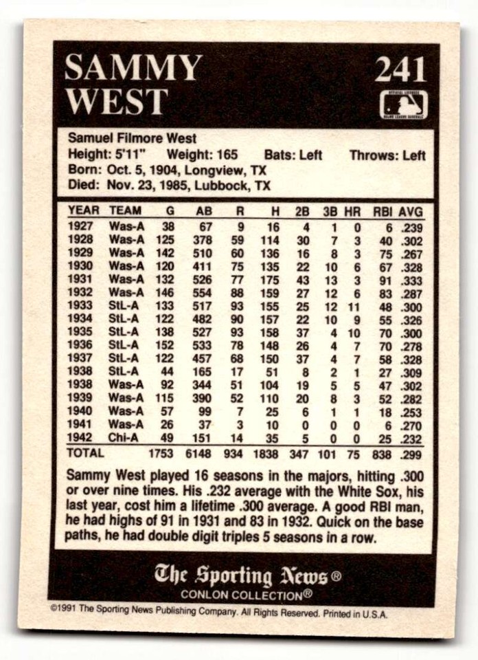 1991 Conlon Collection TSN #241 Sammy West Washington Senators Baseb ID ...