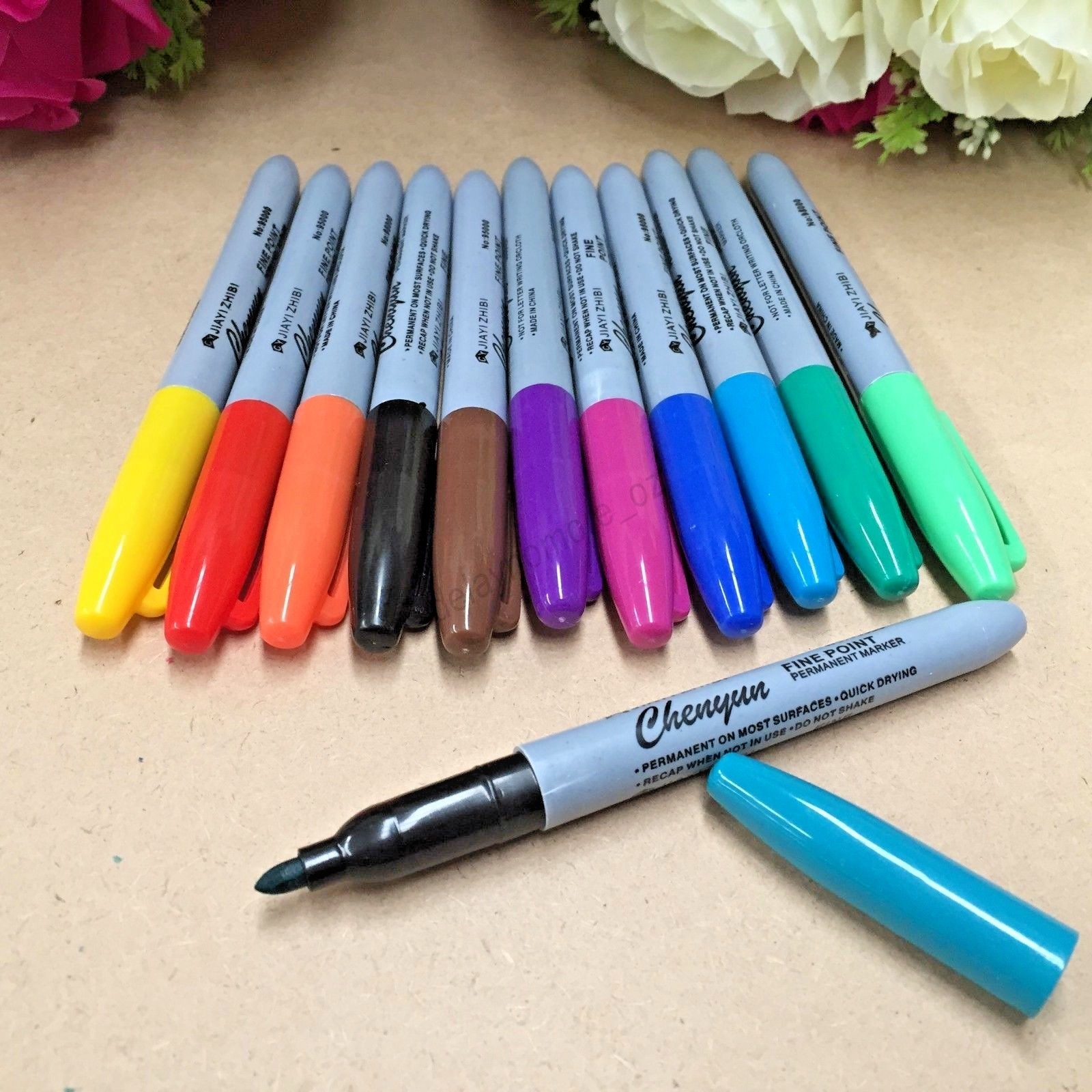 12 x Colour Permanent Marker Pen Set Fine Point Craft Office Fast Dying ...