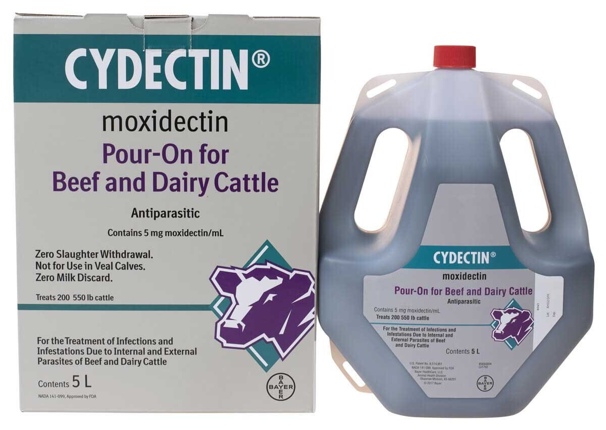 Cydectin POUR-ON 5 Liter Beef Dairy Cattle Dewormer Zero Slaughter ...