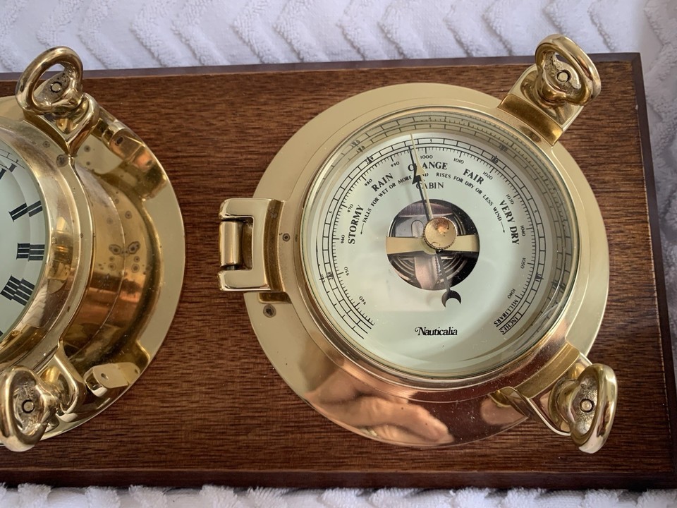 Ship’s Clock And Barometer by Cabin Brass On Wooden Plynth | eBay UK