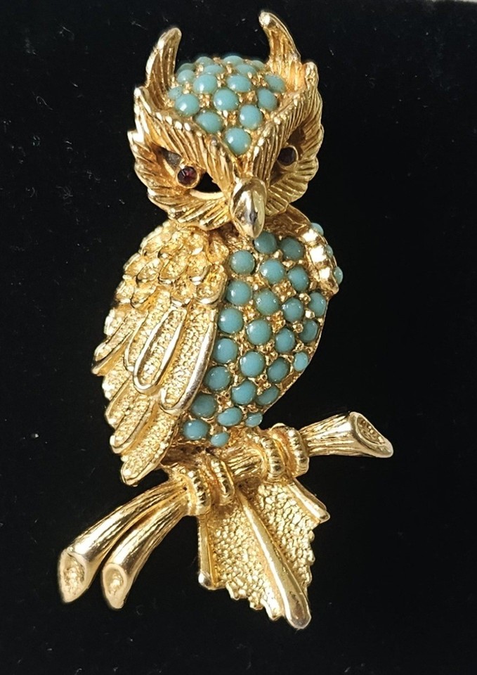 Vintage Owl Brooch Turquoise And Ruby Accents Gold Metal Saftey ...