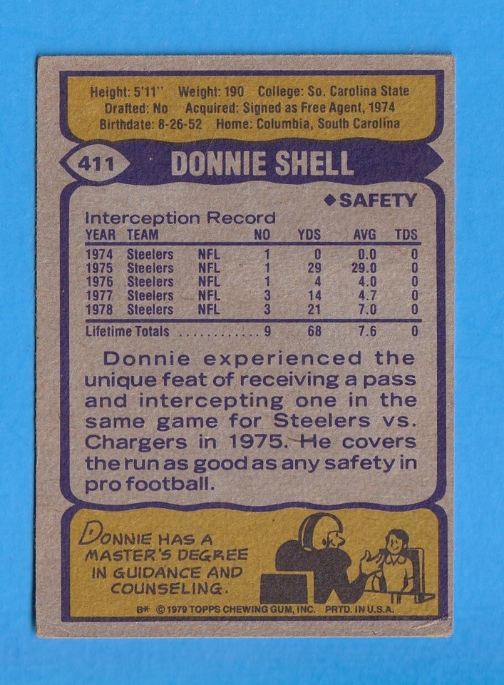 1979 Topps Donnie Shell Rookie #411 VG (no creases) Pittsburgh Steelers ...